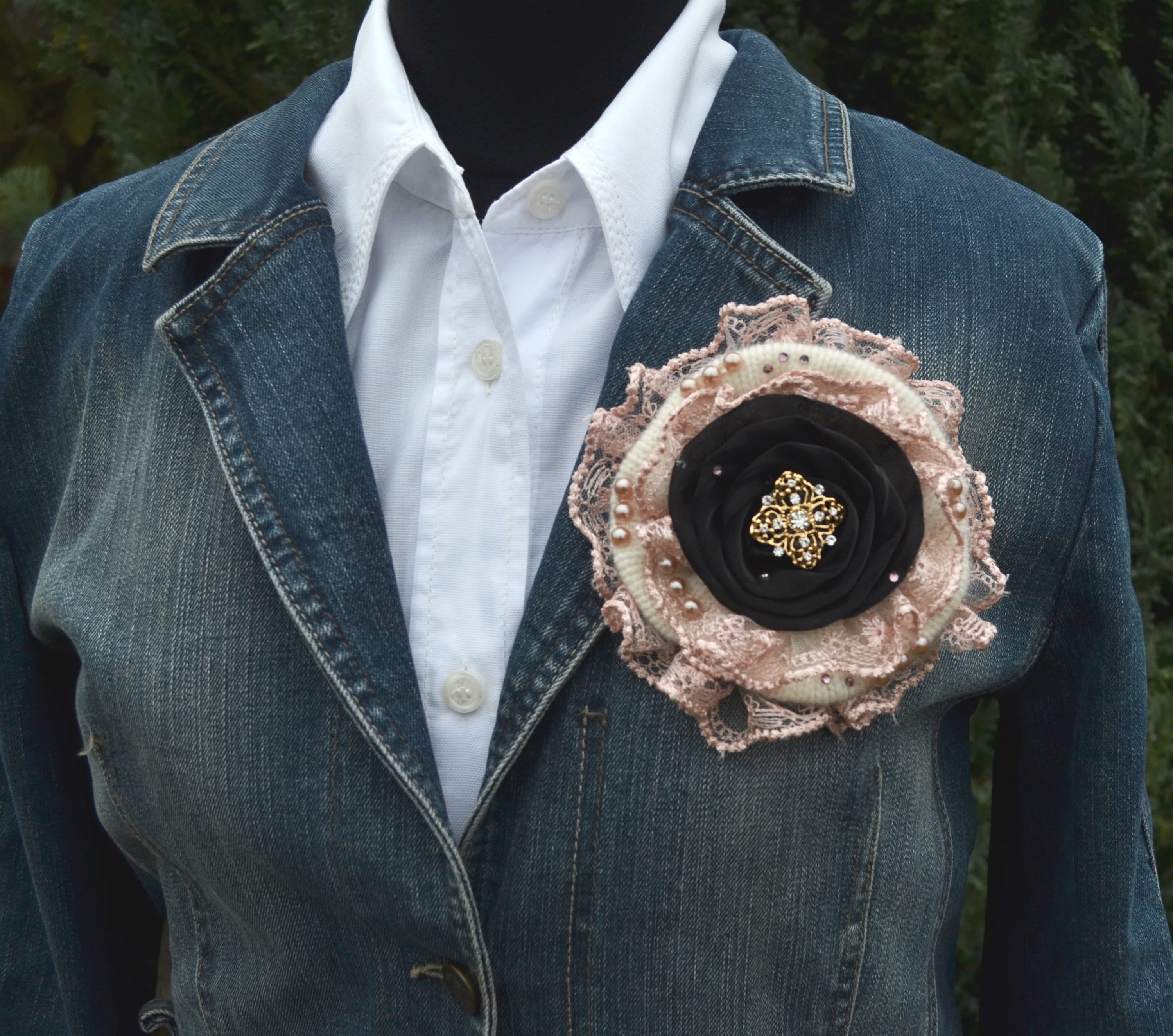 Big Textile Embroidery Brooch in Form Large Rose With Lace Pearls ...
