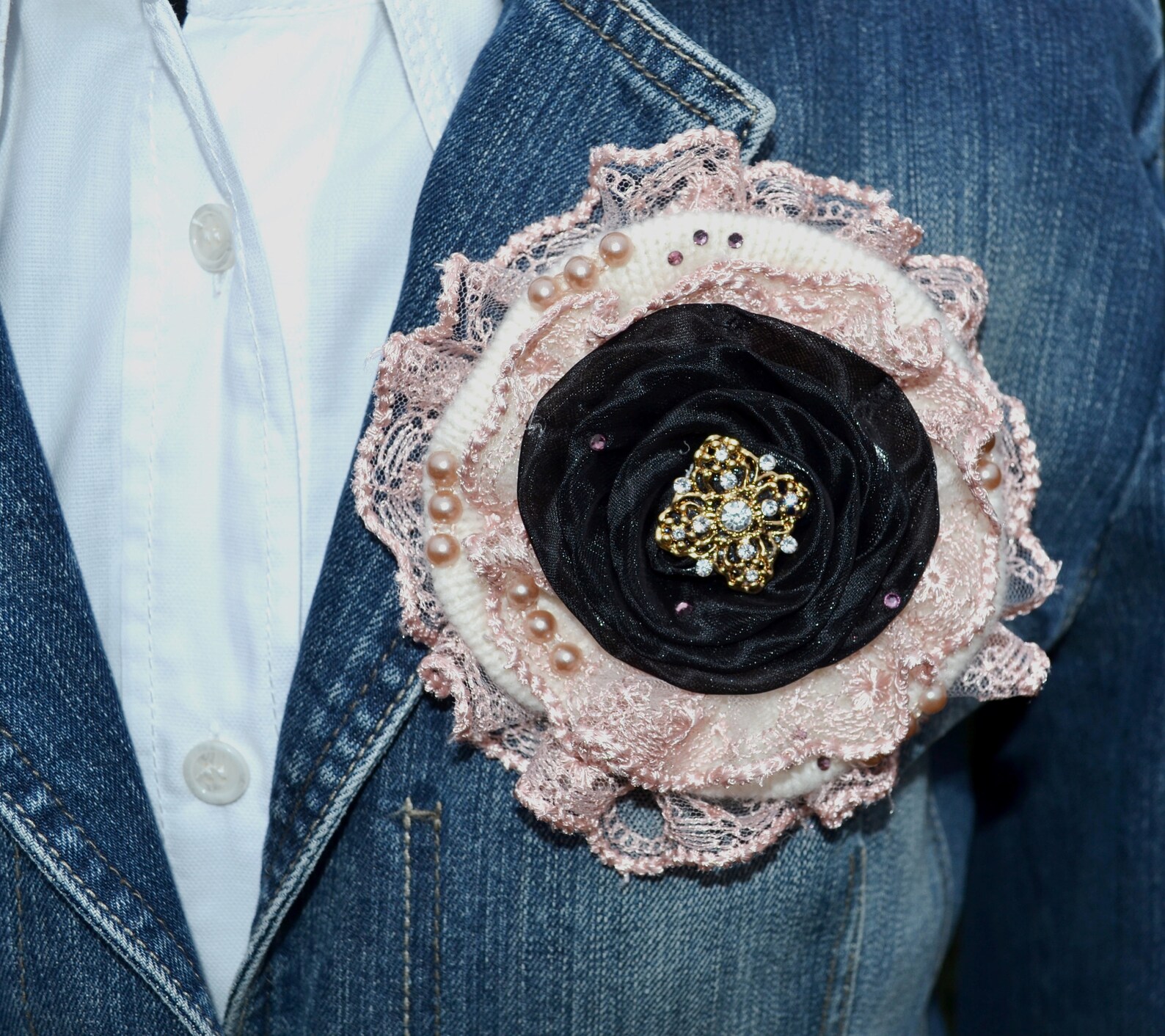 Big Textile Embroidery Brooch in Form Large Rose With Lace Pearls ...