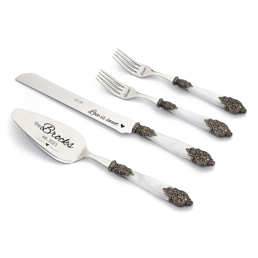 White Pearl Handle Wedding Cake Cutter Set With Forks Cake Cutting Set ...