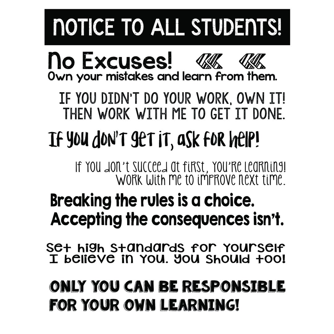 Black and White Classroom Rules Poster: Notice to All Students ...