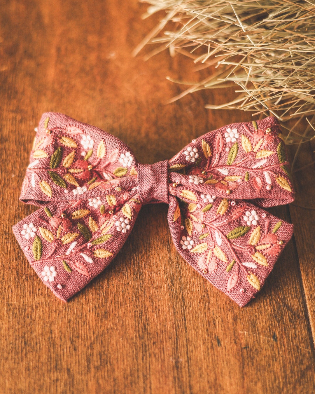 Embroidered Hair Bow Decorated With the Beads, Linen Hair Bow With ...
