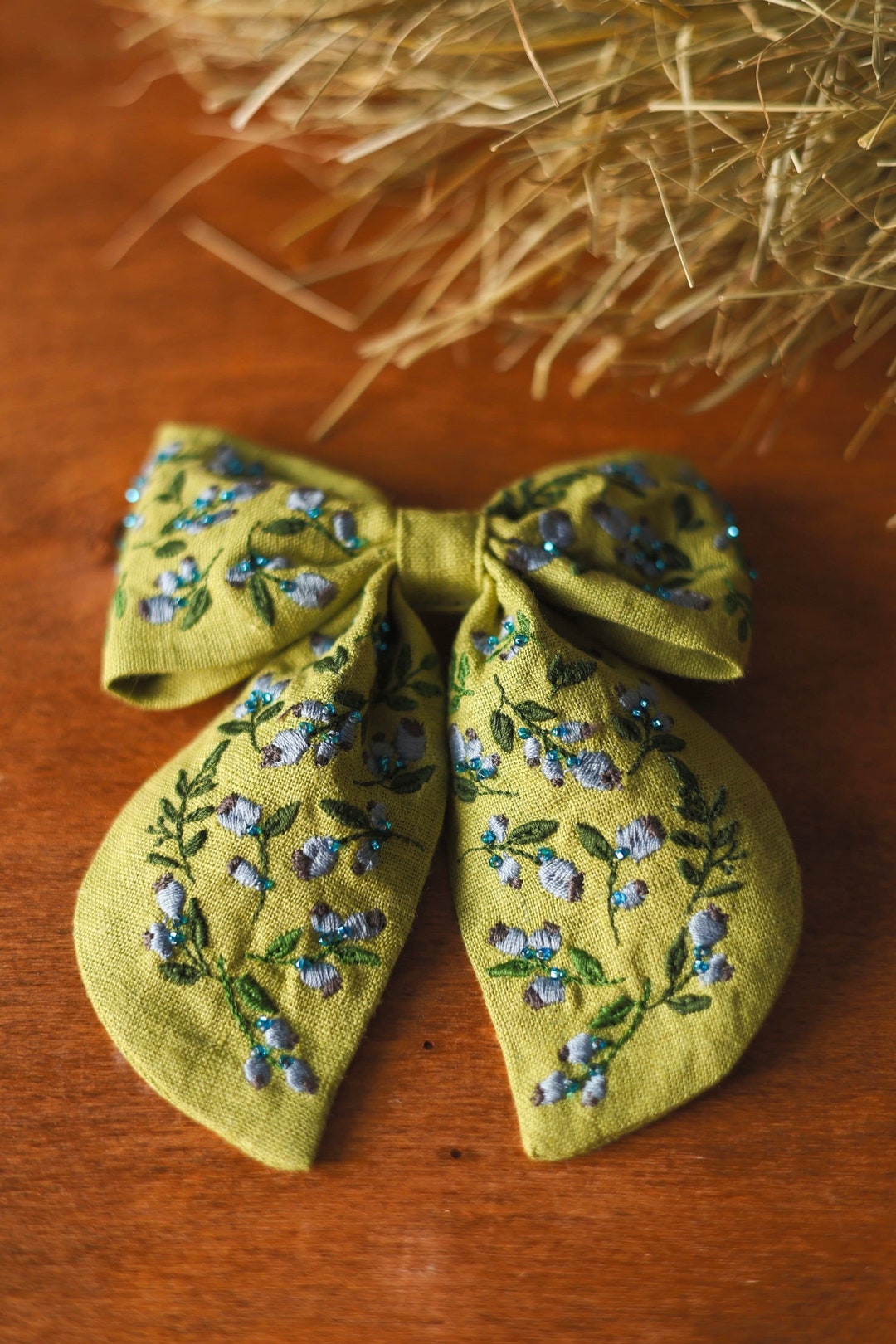 Green Linen Hair Bow Decorated With the Blueberry Embroidery, Linen Bow ...