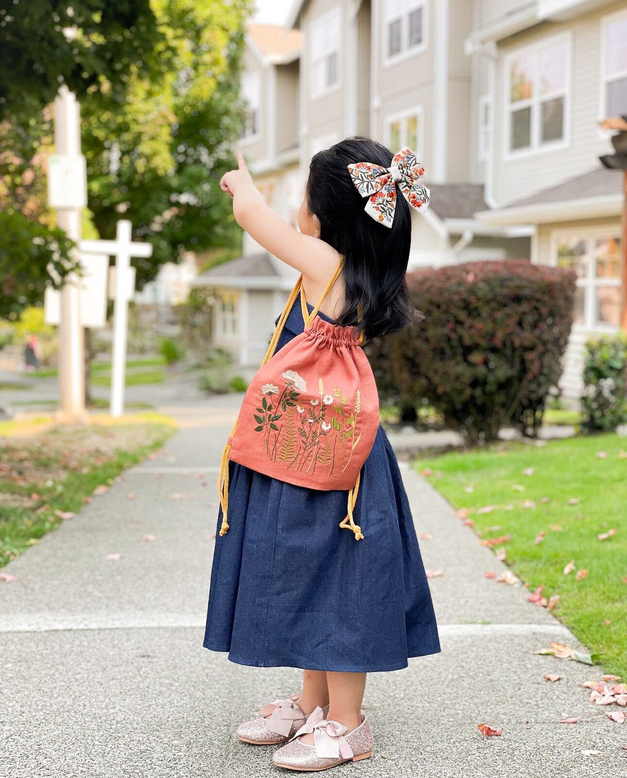 Rust Color Linen Backpack With Wildflowers Embroidery, Drawstring ...