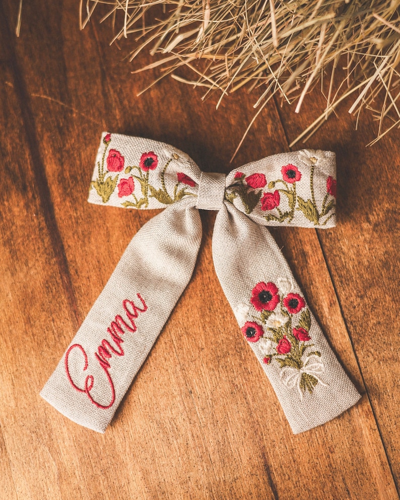 Name Hair Bow With the Poppy Embroidery, Personalized Custom Name Hair ...