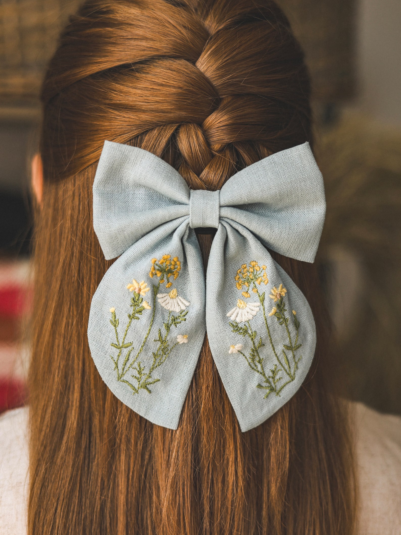 Blue Bow With the Daisy Embroidery, Handmade Bow, Embroidered Hair Bow ...