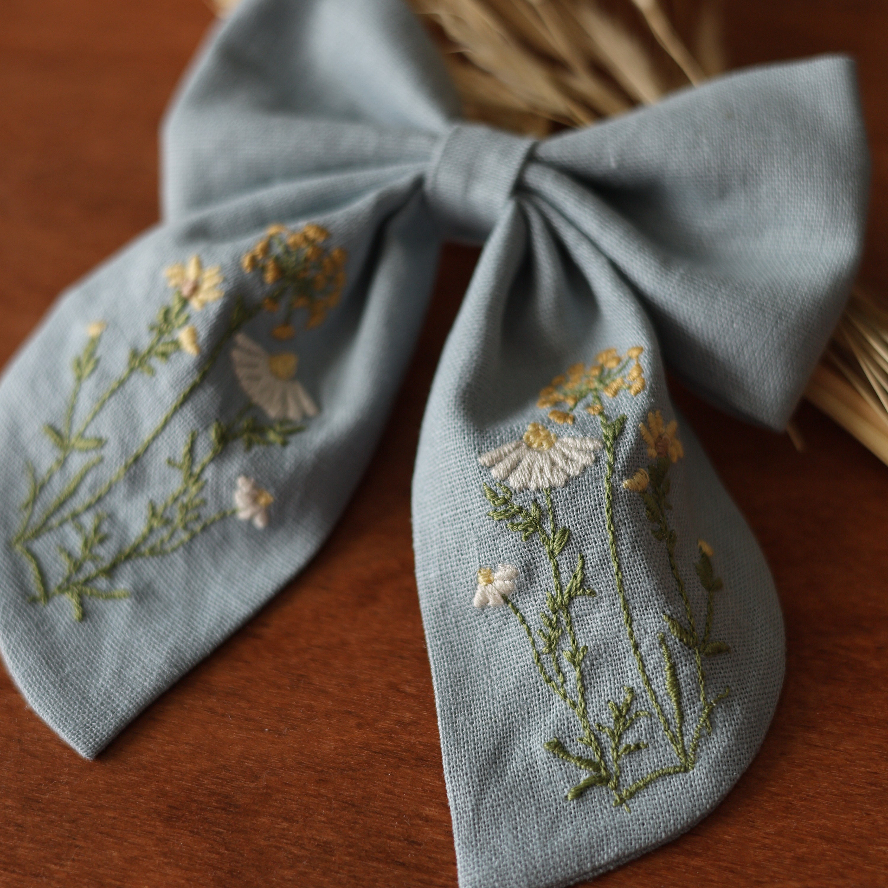 Blue Bow With the Daisy Embroidery, Handmade Bow, Embroidered Hair Bow ...