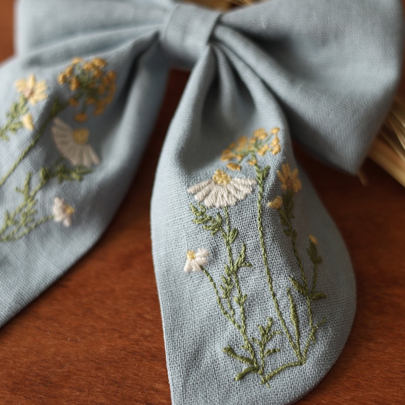 Blue Bow With the Daisy Embroidery, Handmade Bow, Embroidered Hair Bow ...