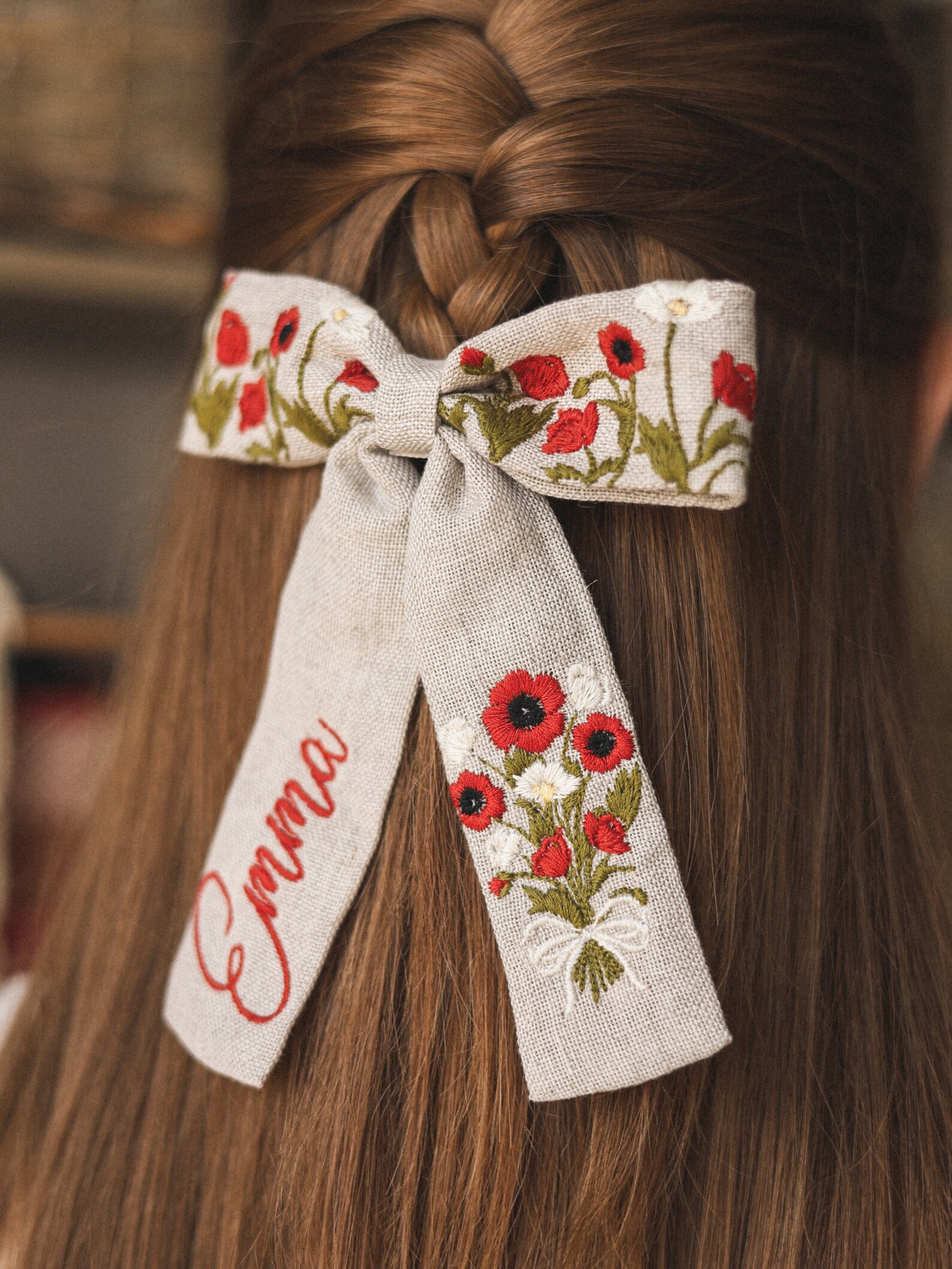Name Hair Bow With the Poppy Embroidery, Personalized Custom Name Hair ...
