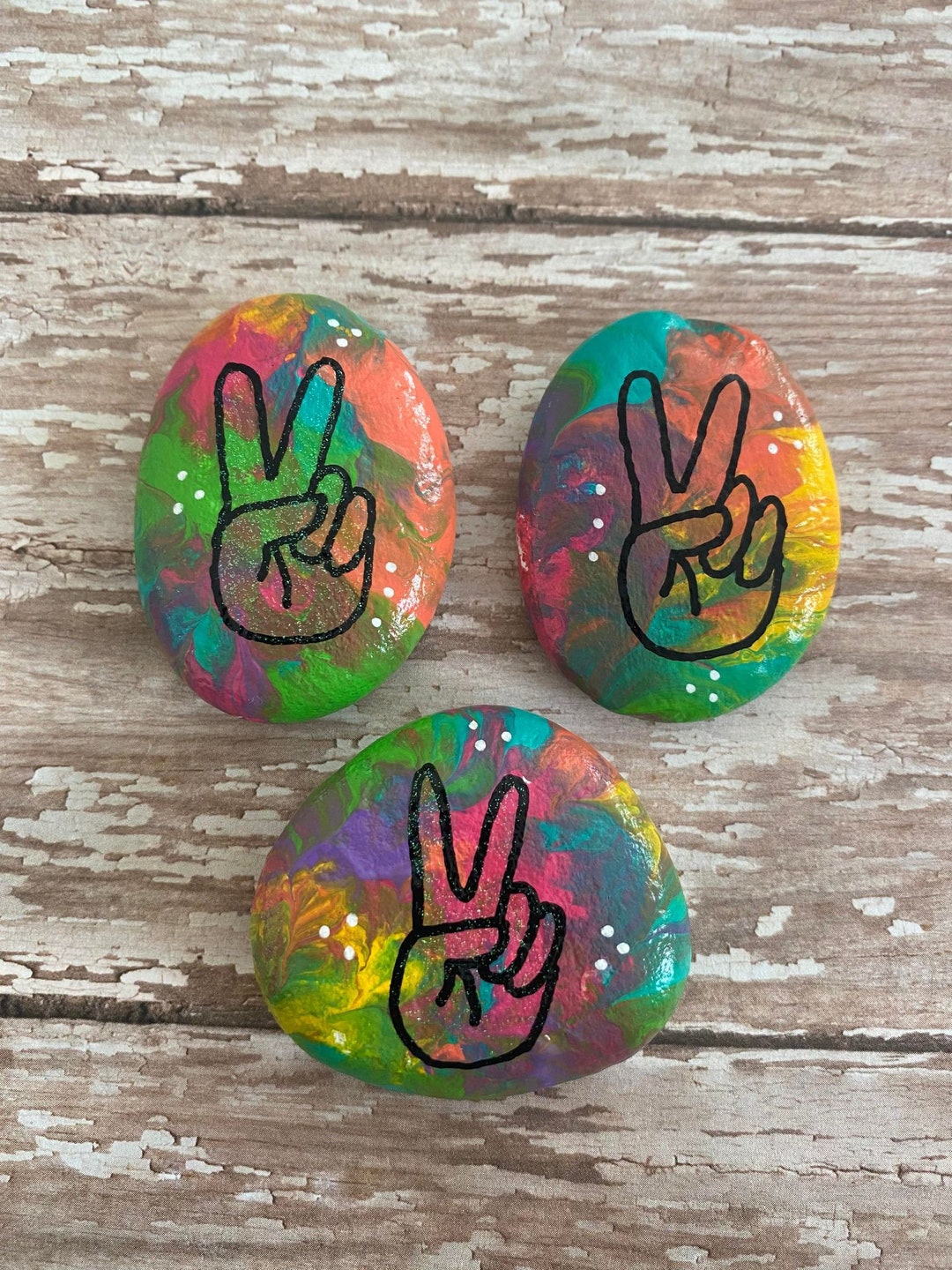 Hand Painted Tie-dye Peace Rocks, Set of 3, Kindness Rocks, Garden ...