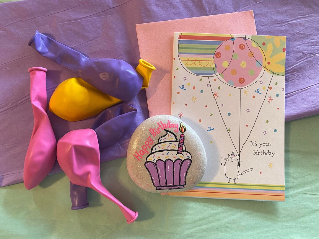 Hand Painted Happy Birthday Cupcake Rock With Birthday Card and ...