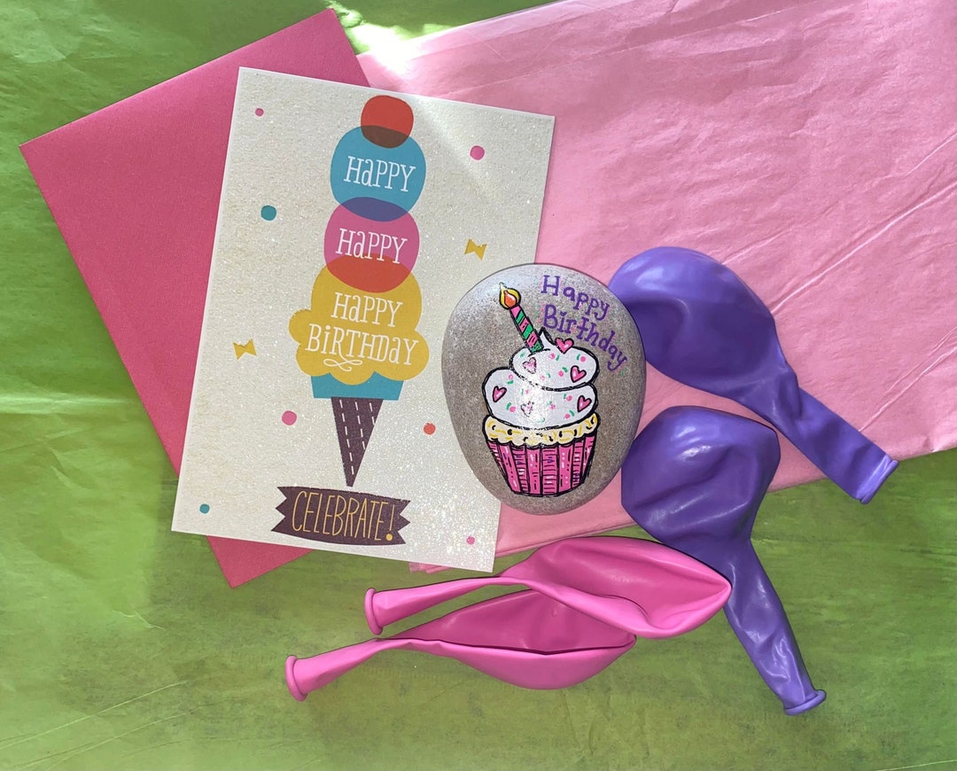 Hand Painted Happy Birthday Cupcake Rock With Birthday Card - Etsy