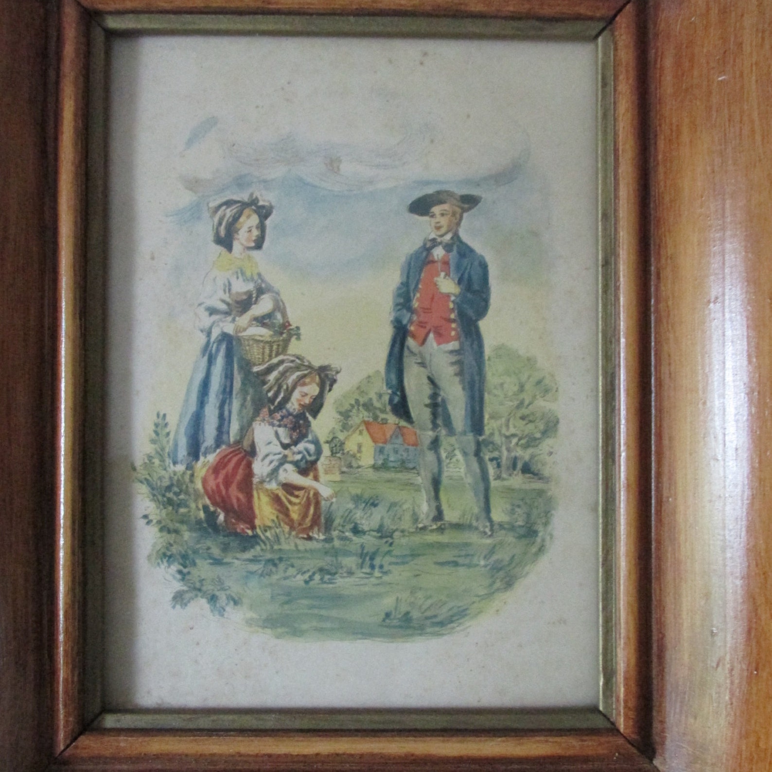Vintage Framed Watercolor of Colonial Family on the Farm/garden - Etsy