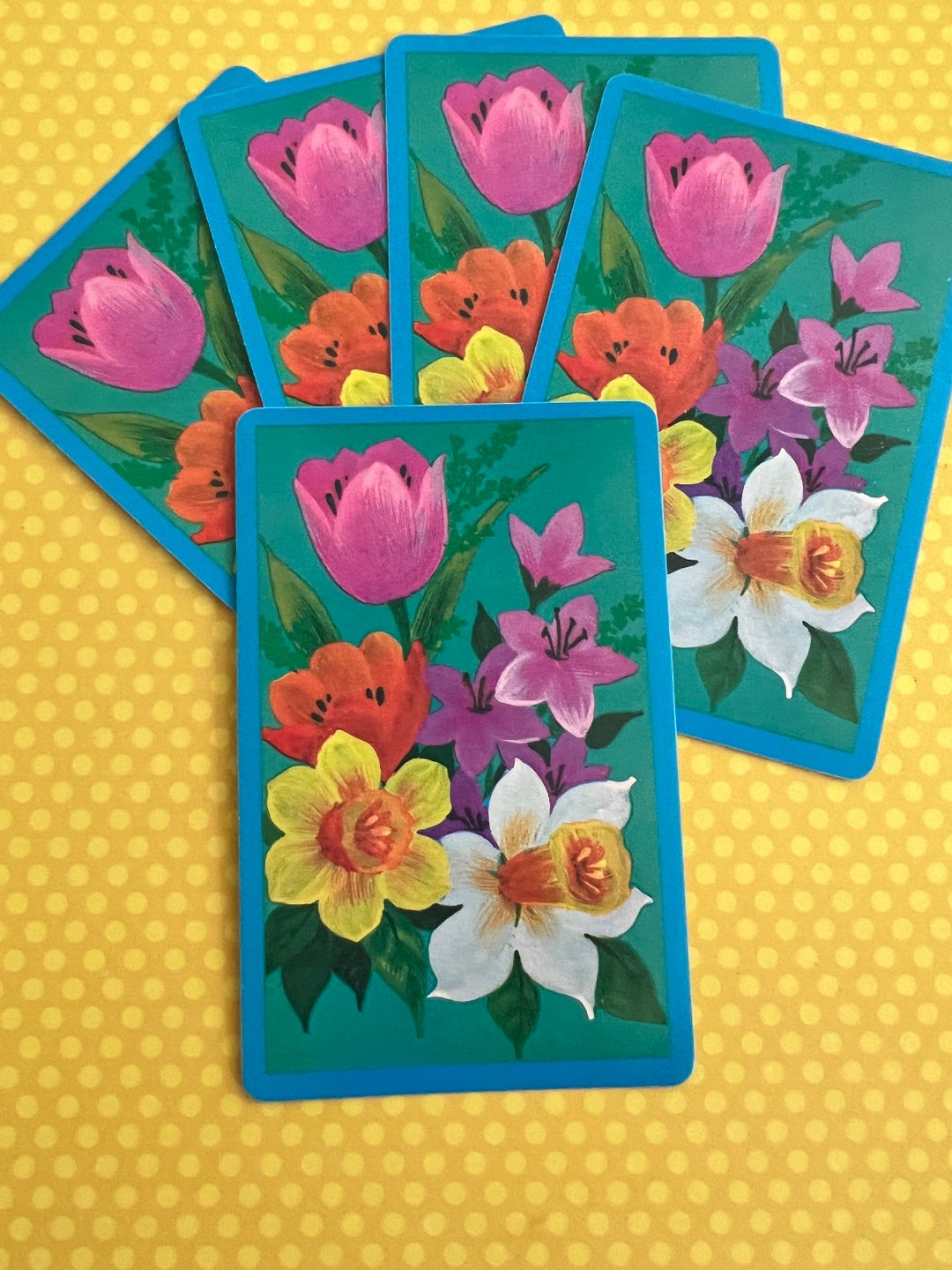 Set of 5 Blue Pink Daffodils Vintage Flowers Playing Cards // Ephemera ...