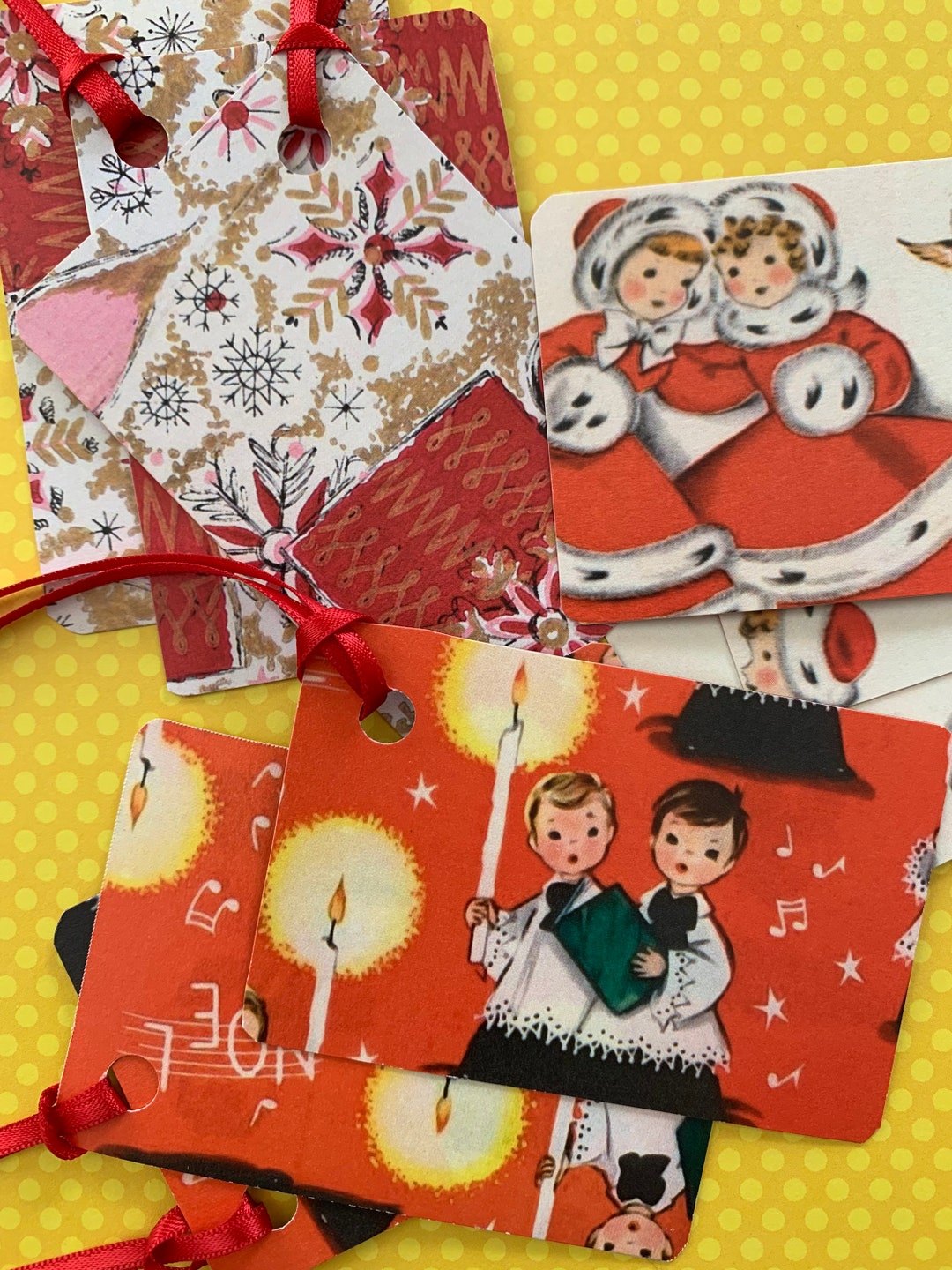 Vintage Holiday Gift Wrap W Red Ribbons Gift Tags // Set of 9 ...