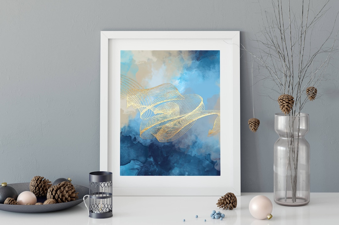 Blue Gold Abstract Art, Fractal Art Print, Gold Swirls, Art Print ...