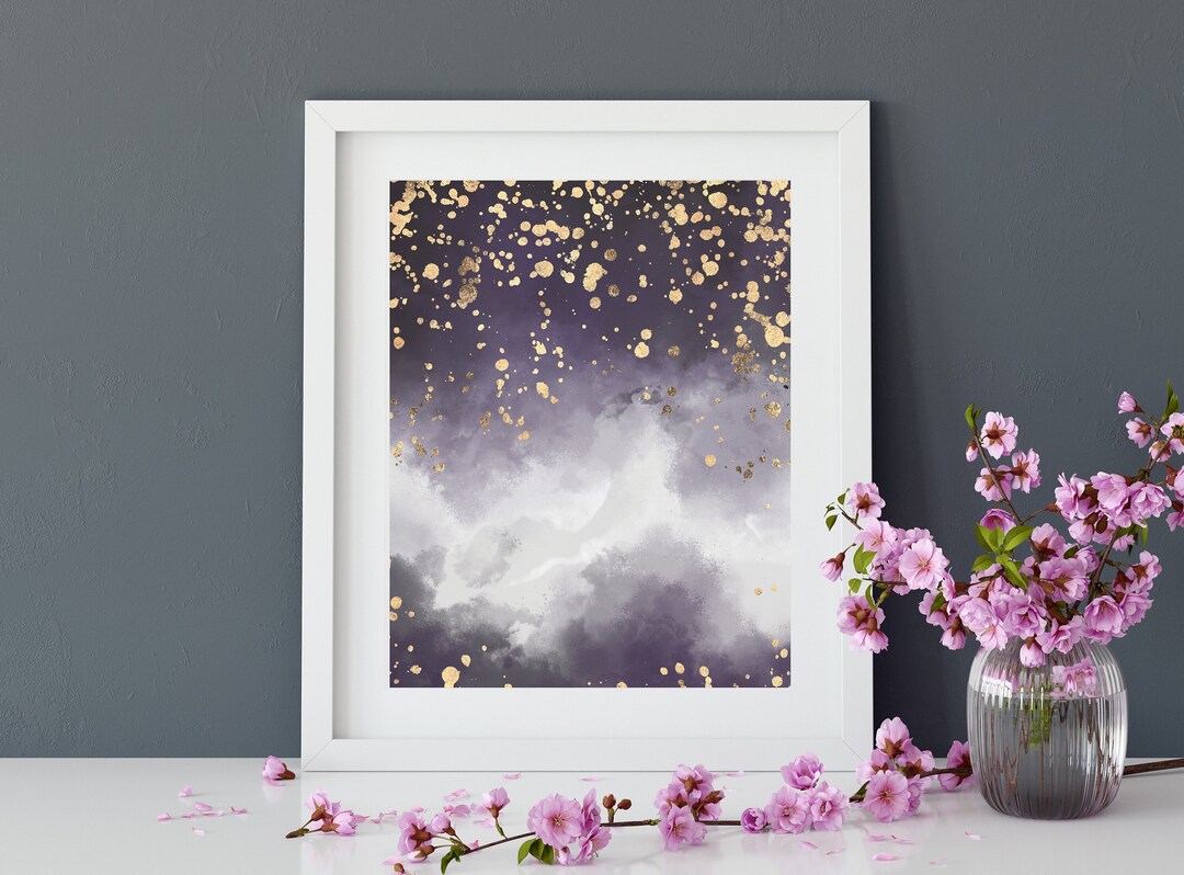 Purple Gold Art Print, Purple Wall Art, Gold Stars, Abstract Purple ...