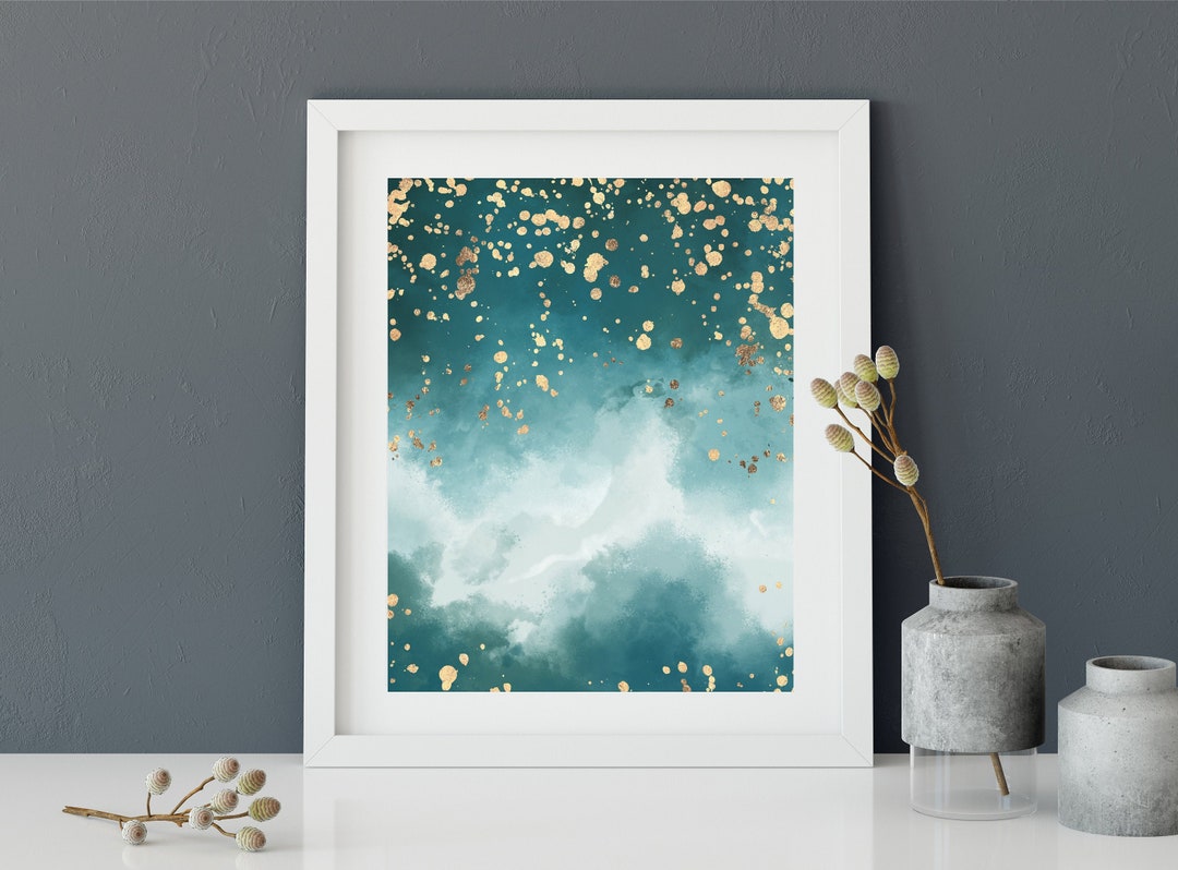 Turquoise Art Print, Green Wall Art, Gold Stars, Abstract Green Poster ...