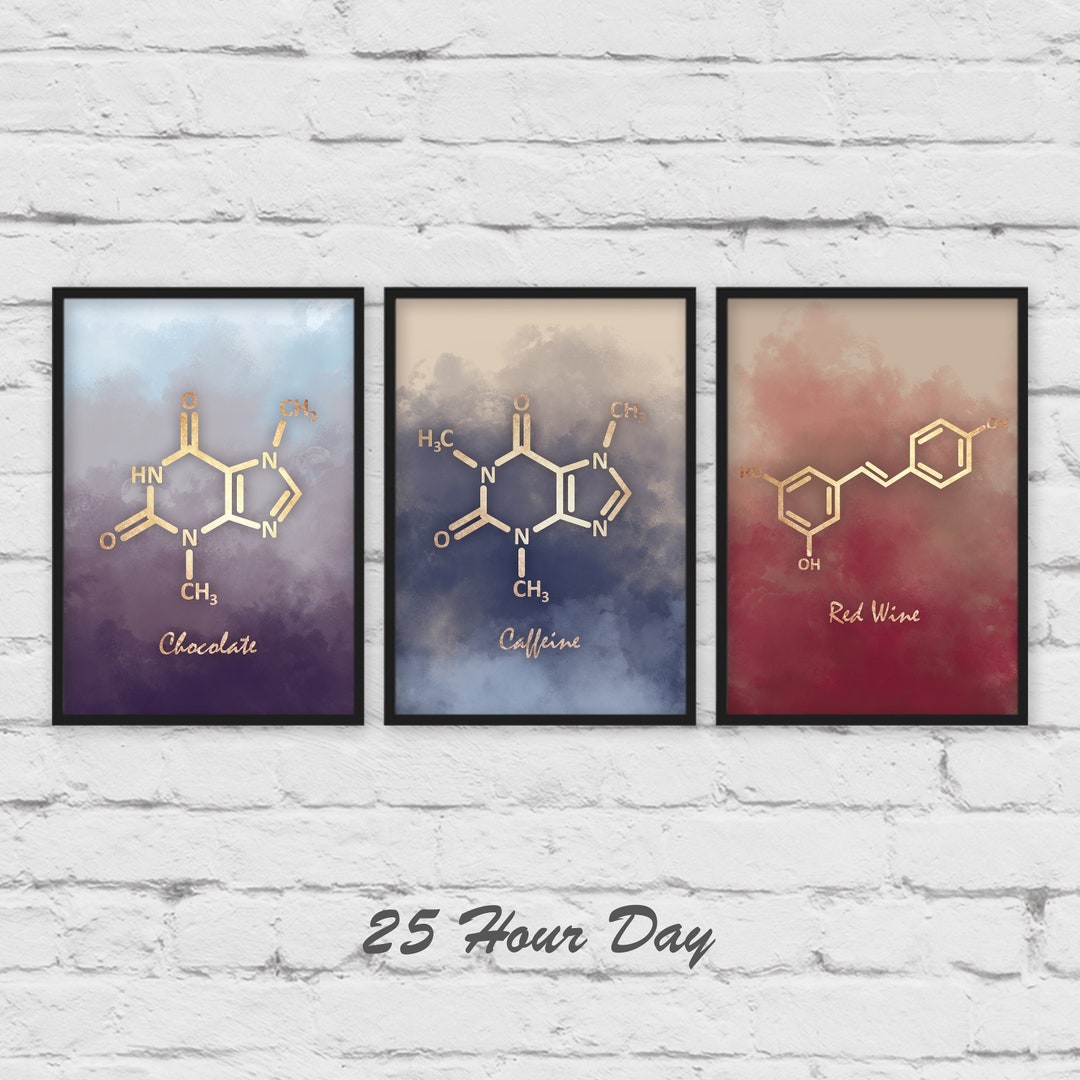 Set of Three Kitchen Prints, Wine Poster, Chocolate Molecule, Caffeine ...