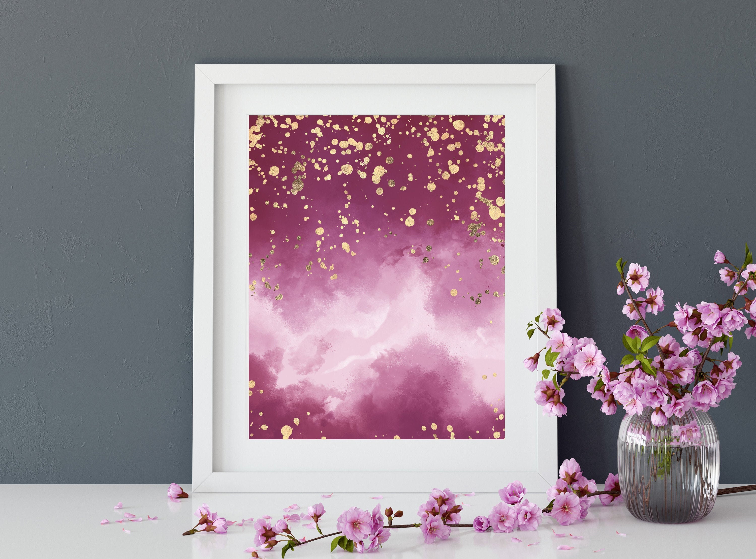 Pink Art Print, Pink Wall Art, Gold Stars, Abstract Pink Poster, Gold ...