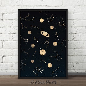 Gold Solar System Poster, Gold Planet Poster, Solar System Print, Gold ...