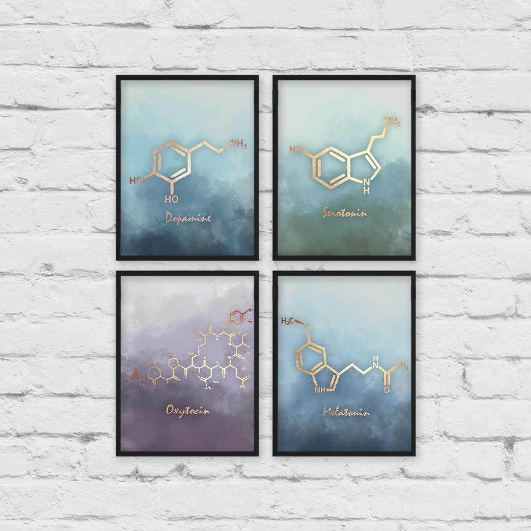 Set of 4 Molecule Prints, Serotonin Molecule Poster, Dopamine Molecule ...