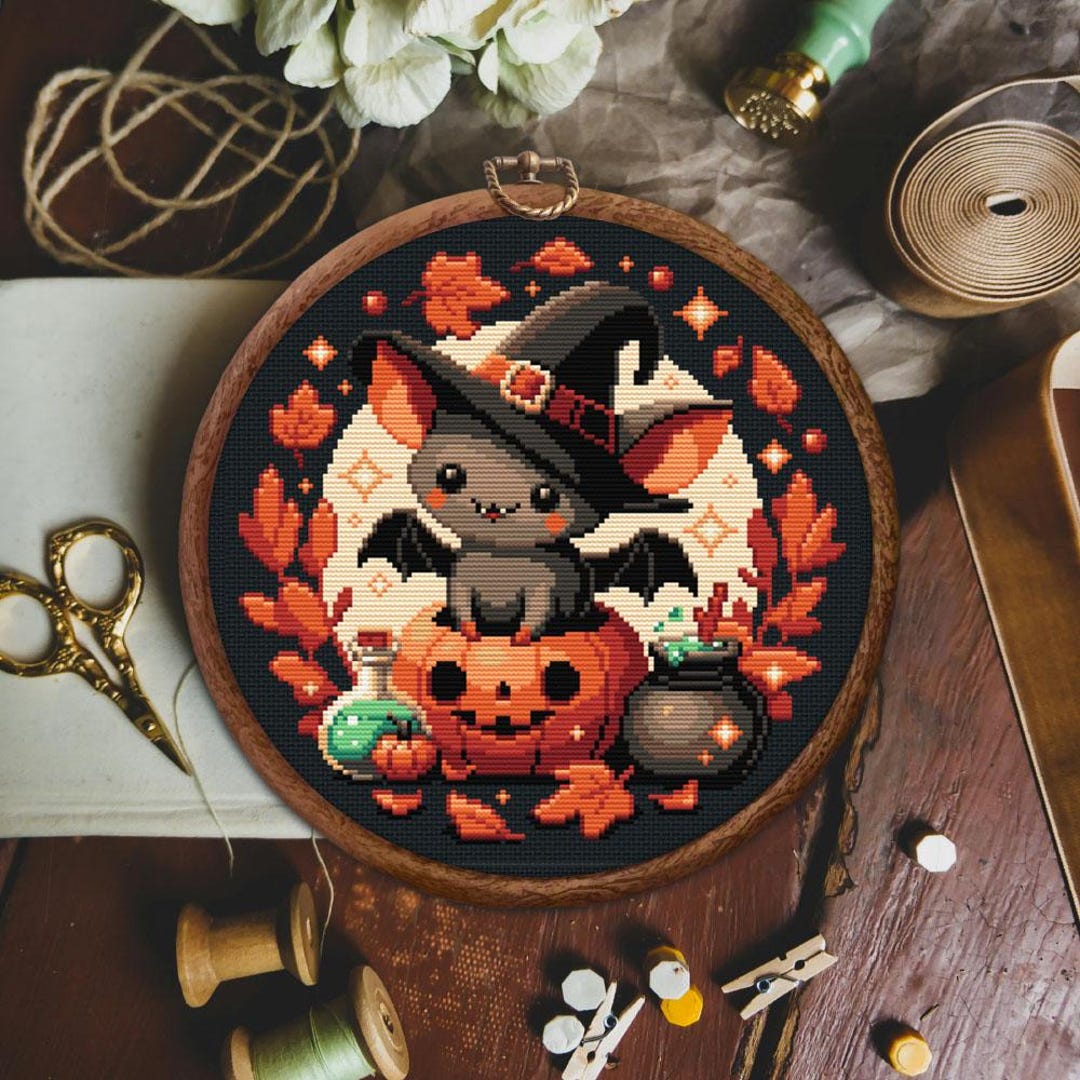 Cute Bat Cross Stitch Pattern, Pumpkin Bat Cross Stitch Pattern, Wizard ...