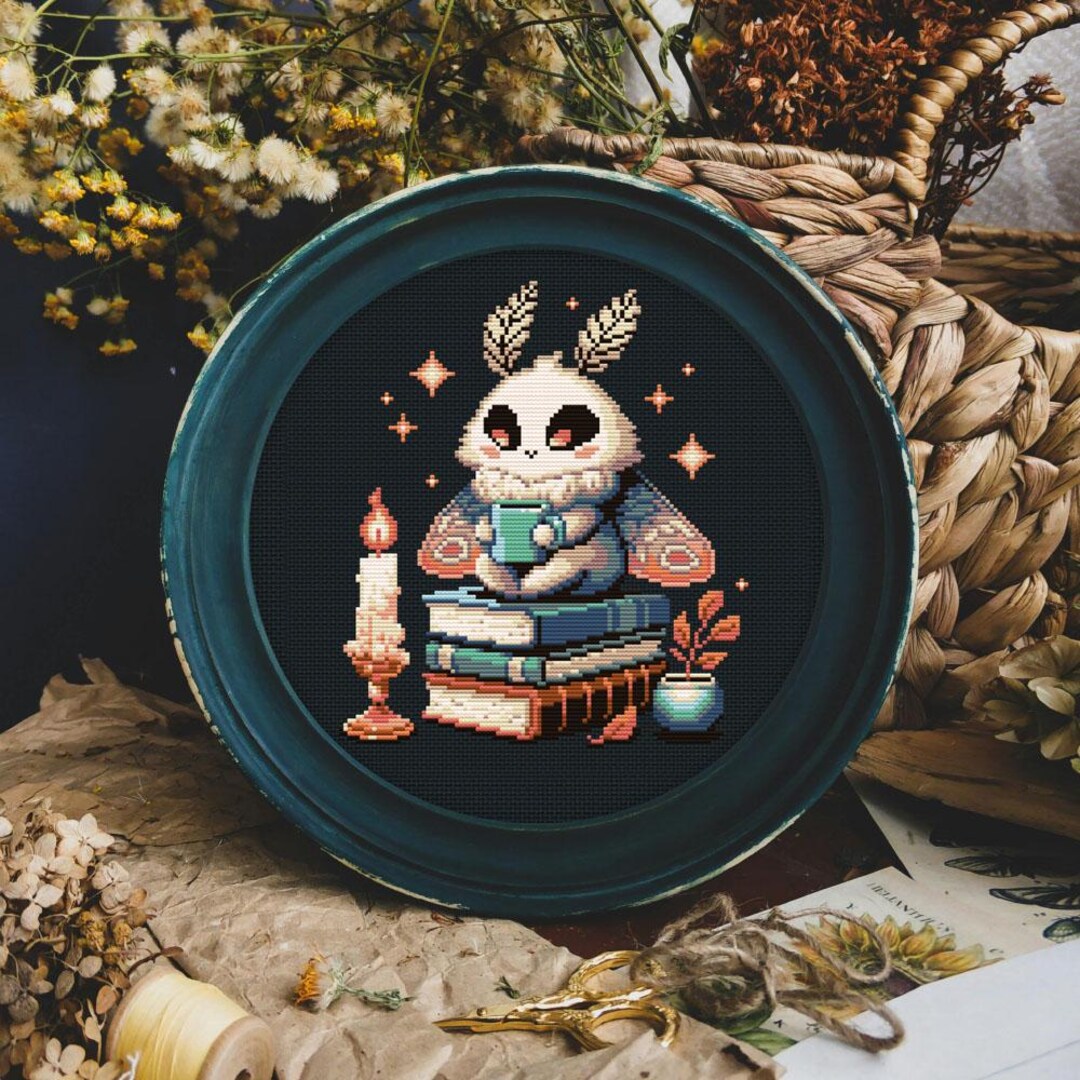 Moth Cross Stitch Pattern, Moth With Coffee Cross Stitch Pattern, Cozy ...