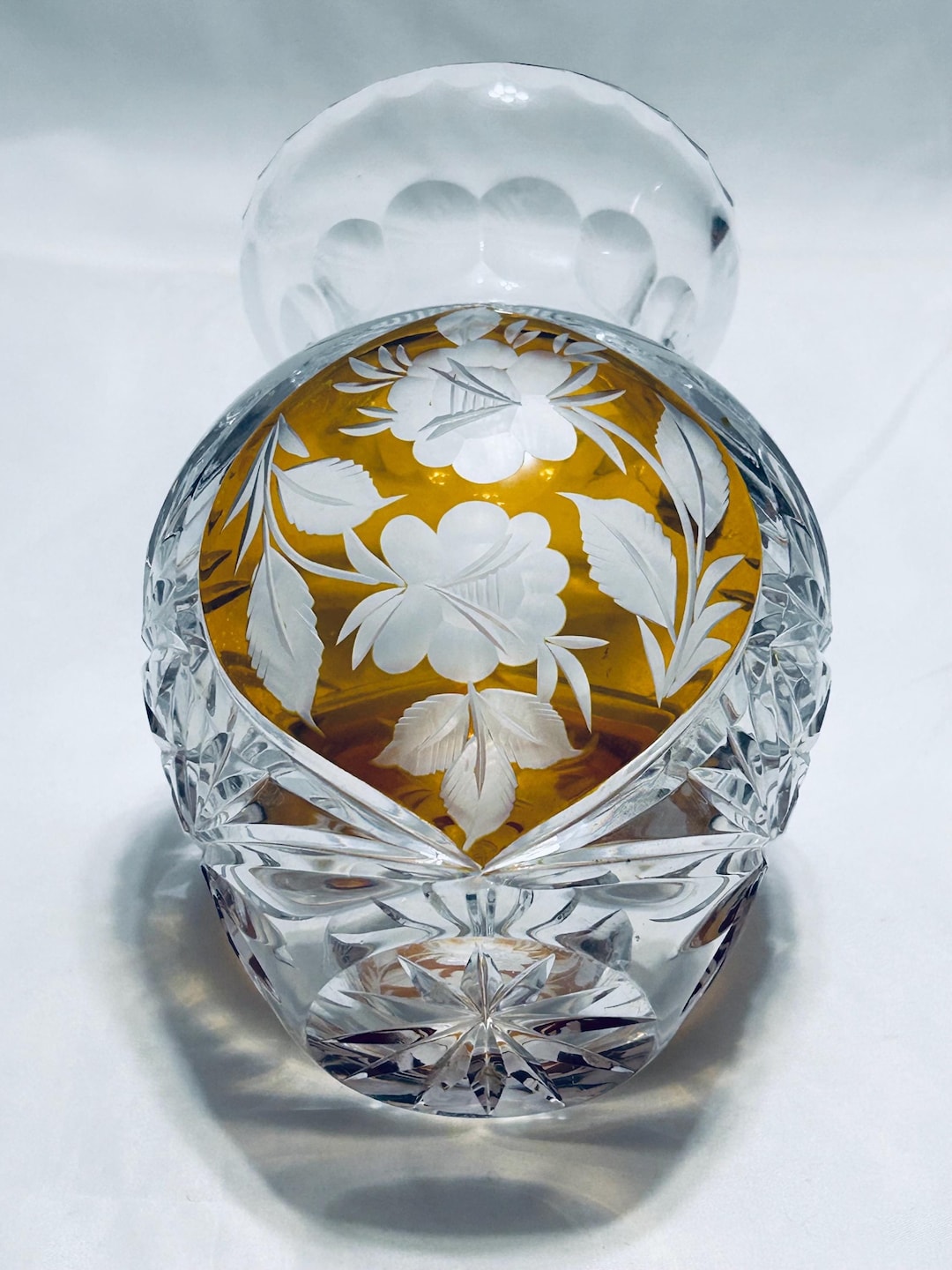 VINTAGE Julia Polish Crystal Vase Cut Star Fluted Edge Etched Orange ...