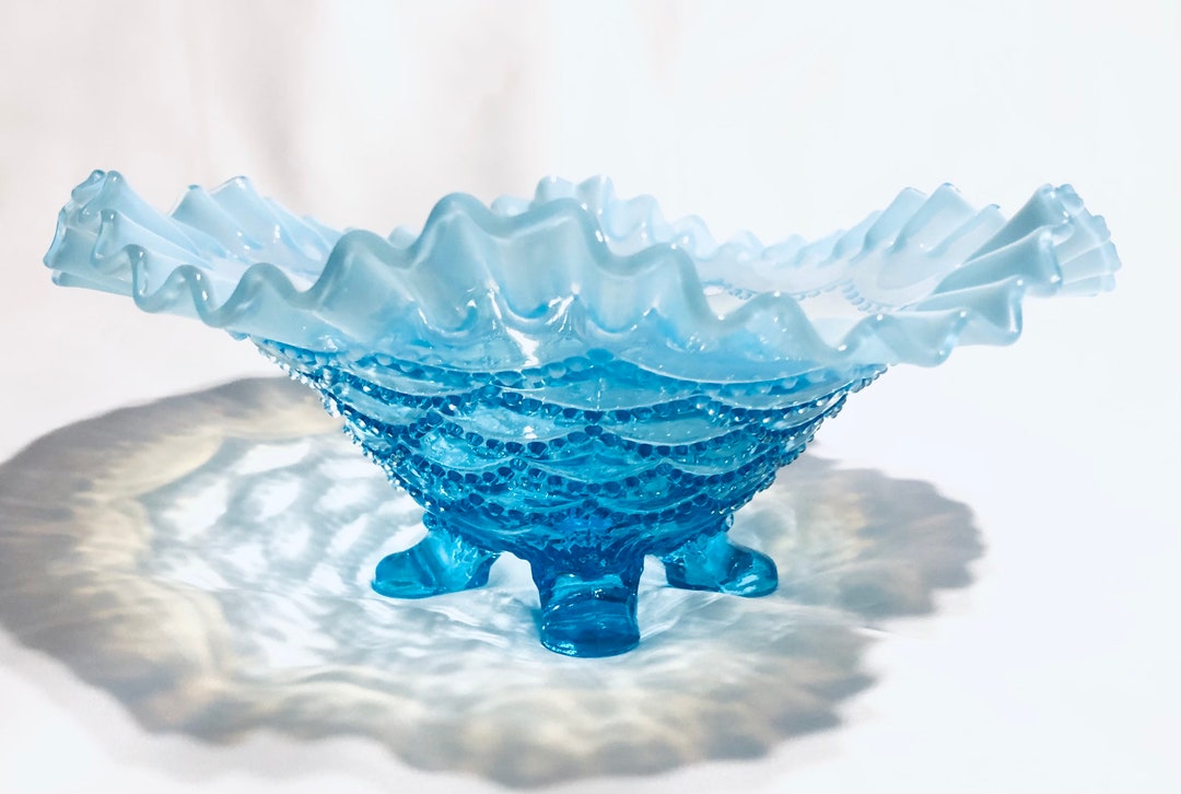 ANTIQUE Northwood Glass Blue White Opalescent Ruffle Rim Beaded Mermaid ...