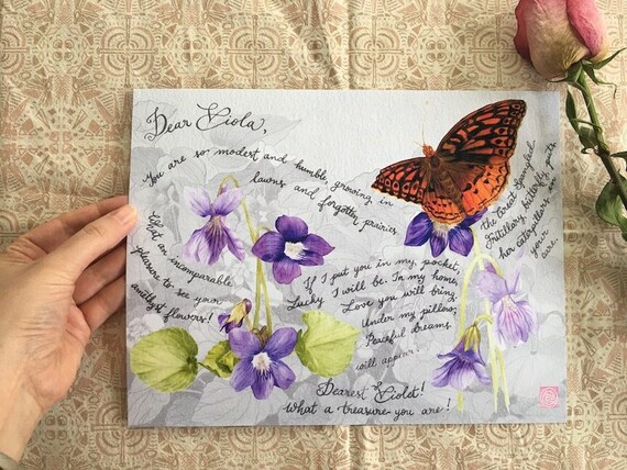 Wild Violet and Butterfly Calligraphy Art Print Viola Flower - Etsy