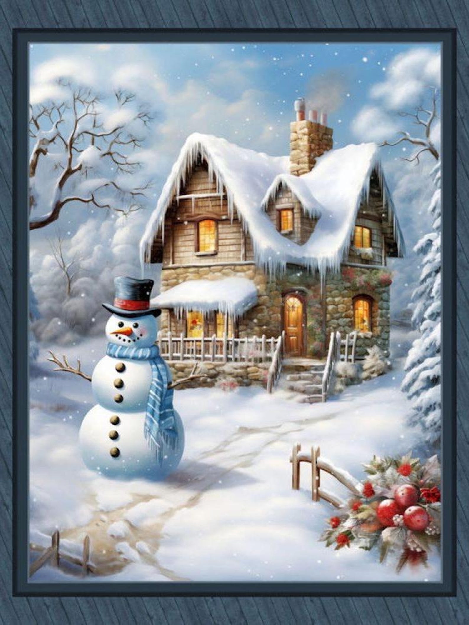 Snowman Cottage Fabric Panel - Etsy