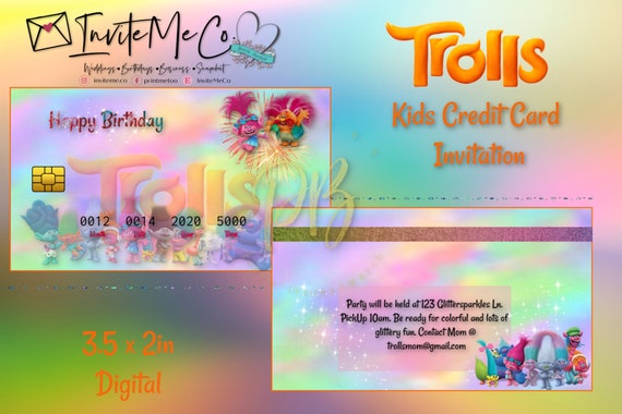 Trolls Printable Birthday Credit Card Invitation - Etsy