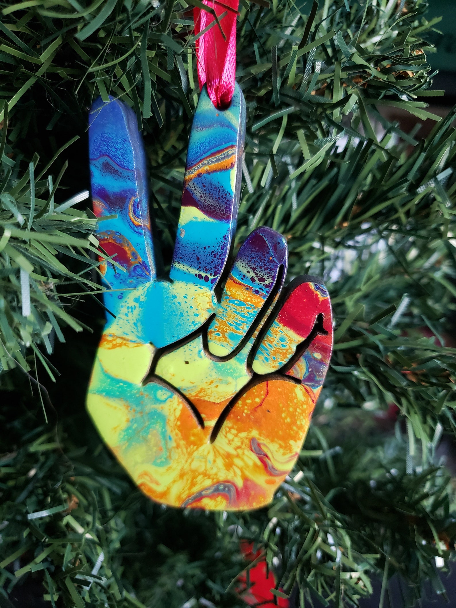 Hand Peace Sign Acrylic Poured Ornament - Etsy