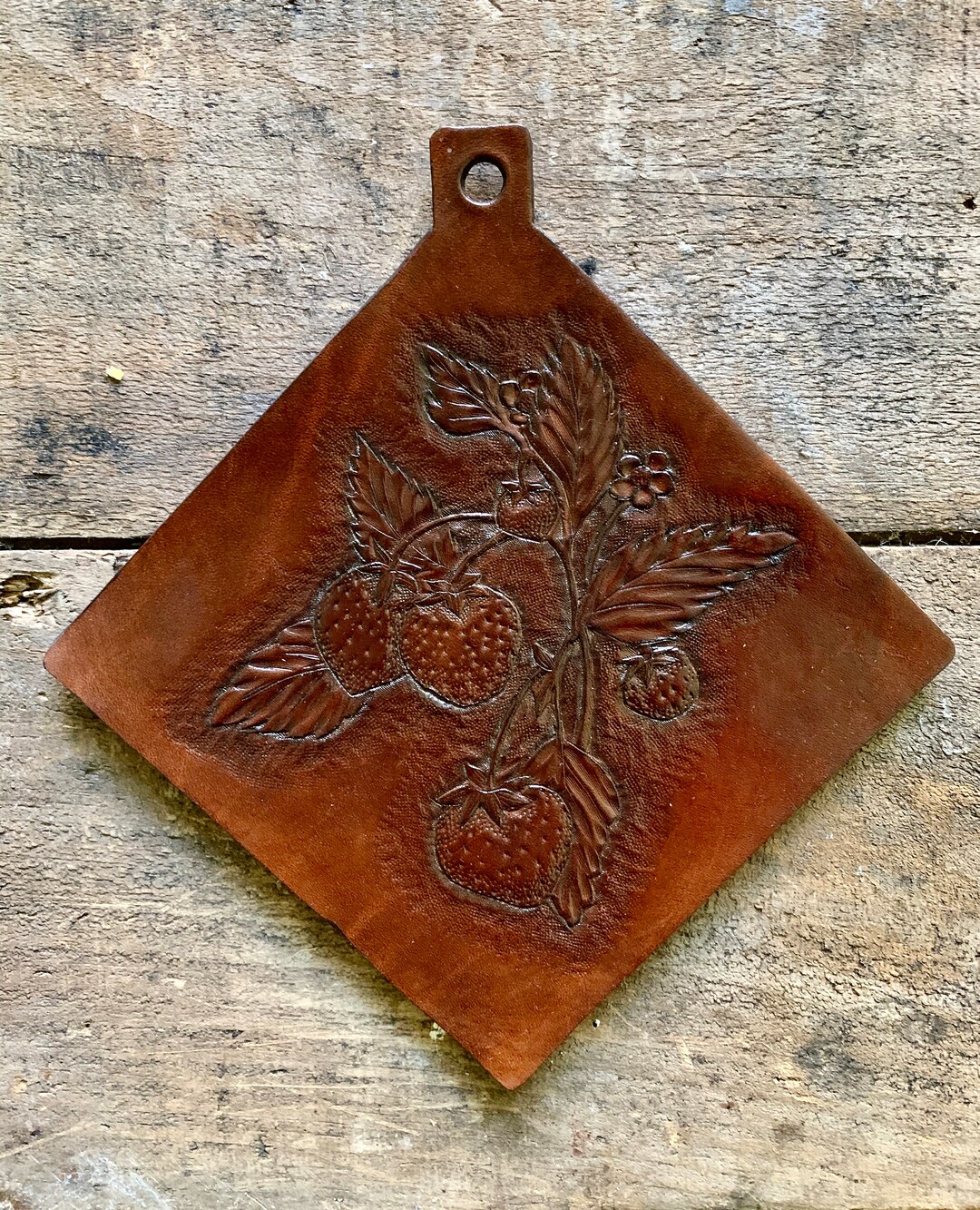Strawberry Fields Leather Trivet/ Brown Hand-tooled Leather Hot Plate ...