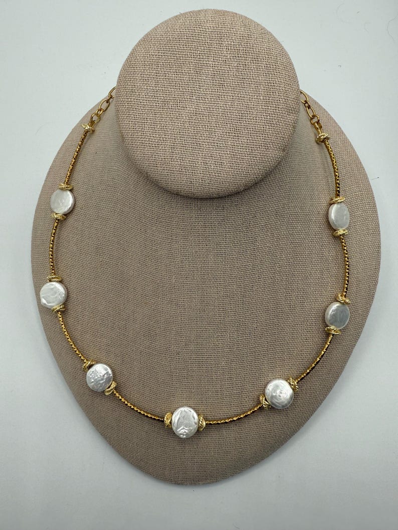 Shell Coin Pearl Necklace, Gold Stainless Steel, Brushed Gold Love Knot ...