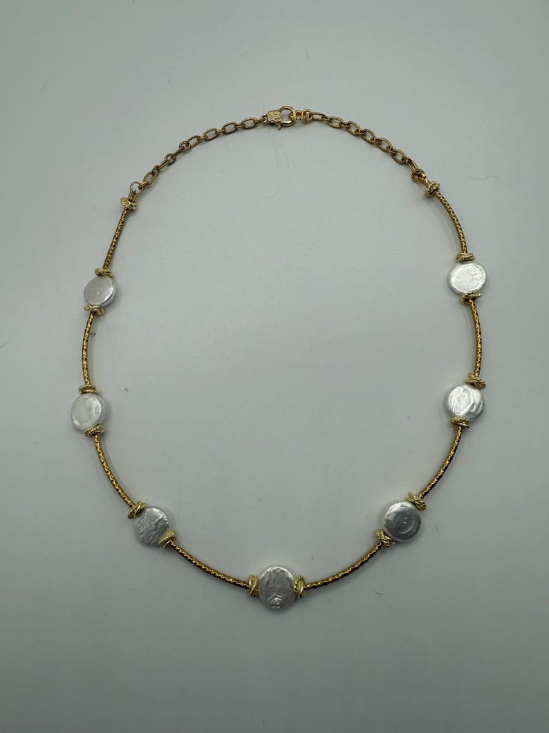 Shell Coin Pearl Necklace, Gold Stainless Steel, Brushed Gold Love Knot ...