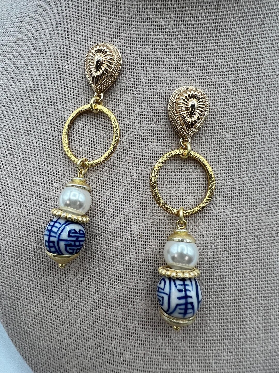 Statement Earrings: Gold Hoop, Porcelain Calligraphy Boho Gemstone ...