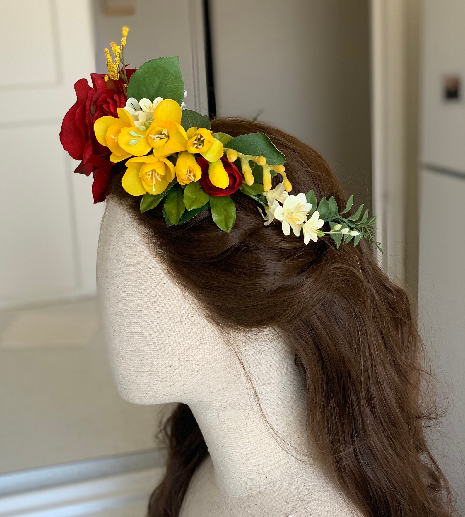 Red and Yellow Flower Crown, Tiara, Rose, Renfest, Spring, Faux Floral ...