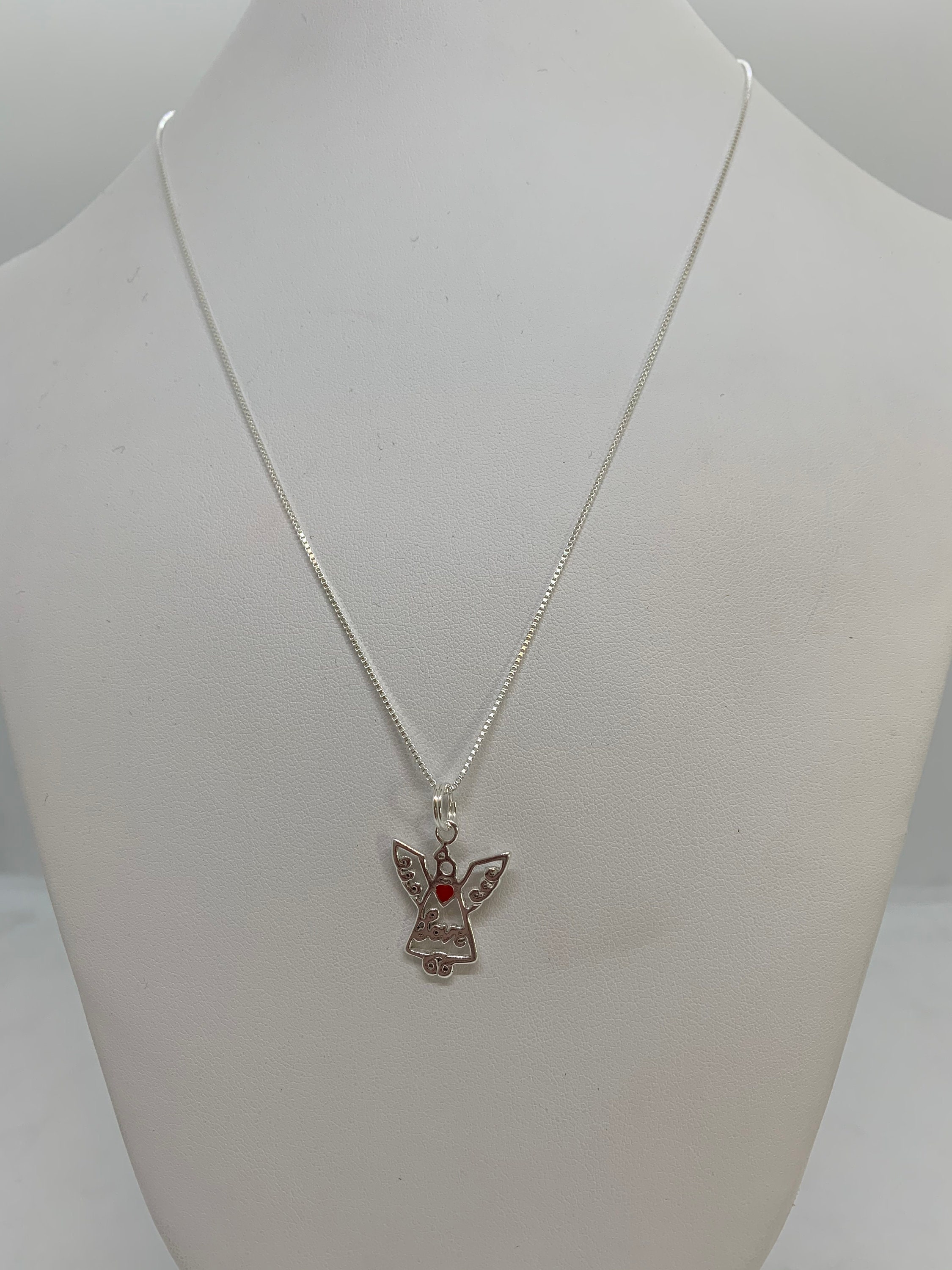Sterling Silver and Red Enamel Angel With Love Pendant on a 18 Sterling ...