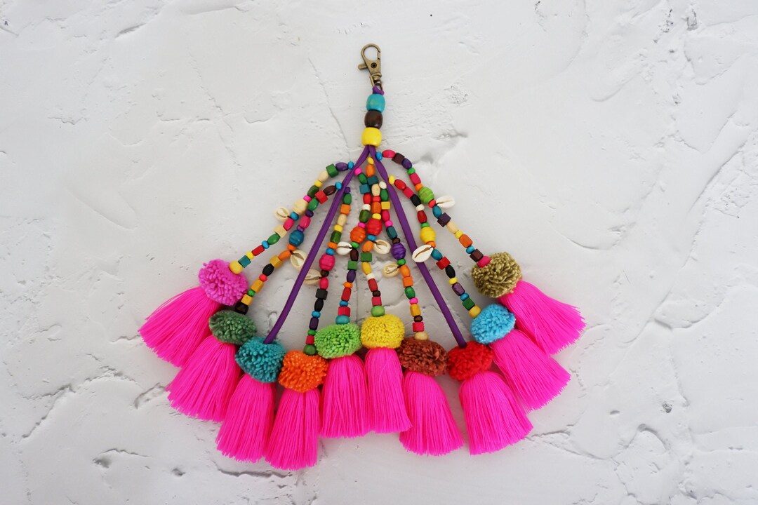 Hot Pink Tassel Keychain With Colourful Beads & Pompoms - Etsy