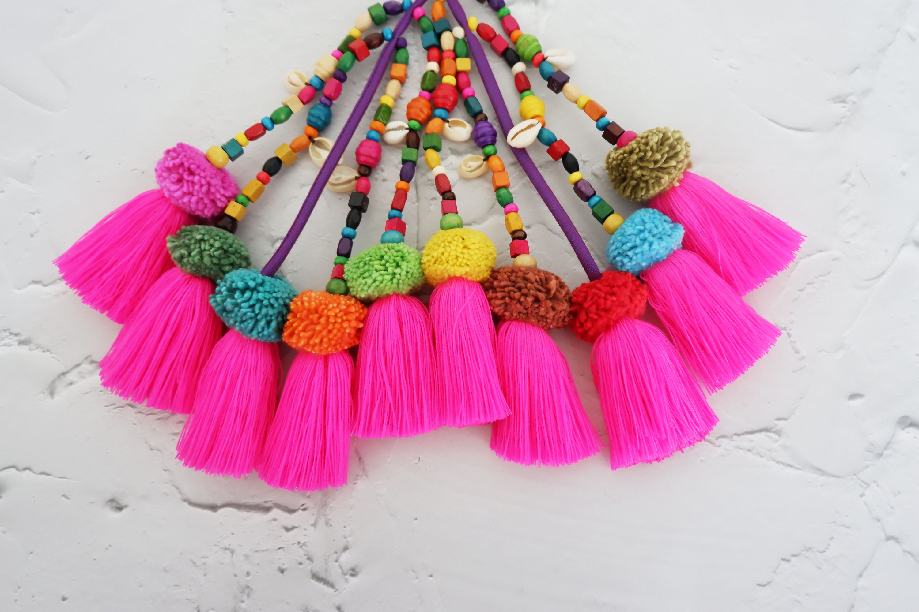 Hot Pink Tassel Keychain With Colourful Beads & Pompoms - Etsy