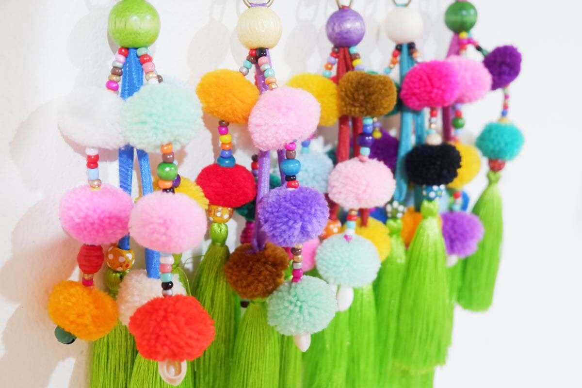 Green Set of 5 Keychains With Colorful Pompoms Tassels - Etsy