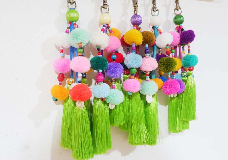 Green Set of 5 Keychains With Colorful Pompoms Tassels | Etsy