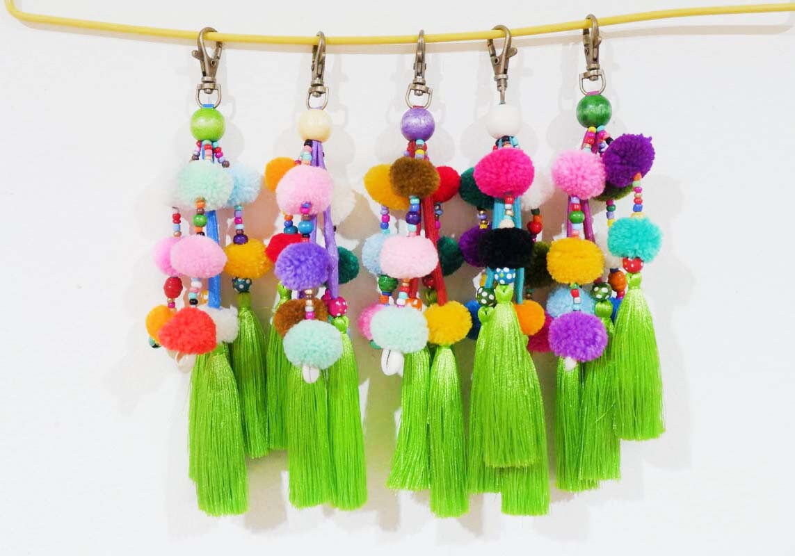Green Set of 5 Keychains With Colorful Pompoms Tassels | Etsy
