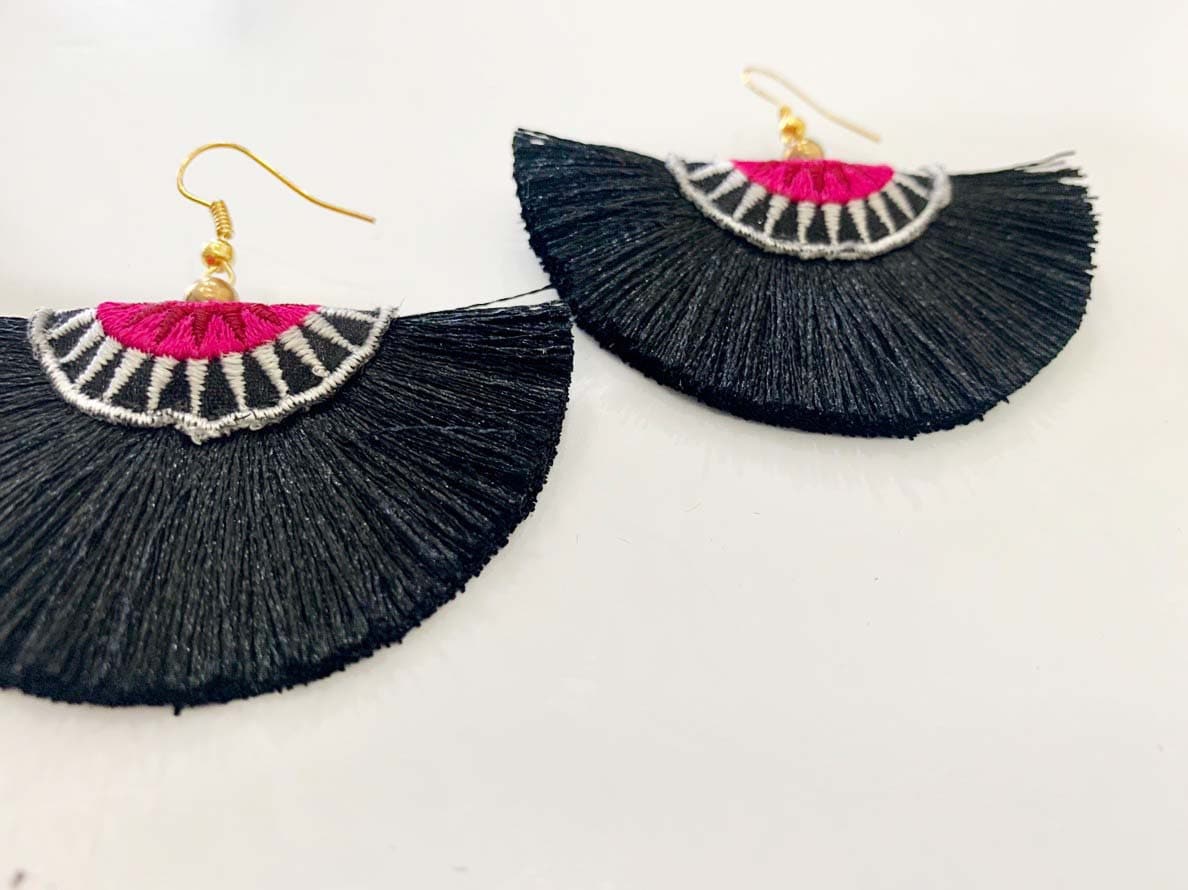 Hmong Embroidered Earrings With Black Silk Tassel - Etsy