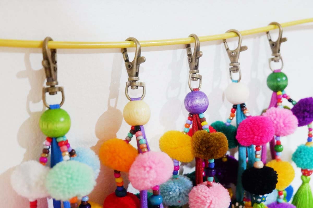 Green Set of 5 Keychains With Colorful Pompoms Tassels | Etsy