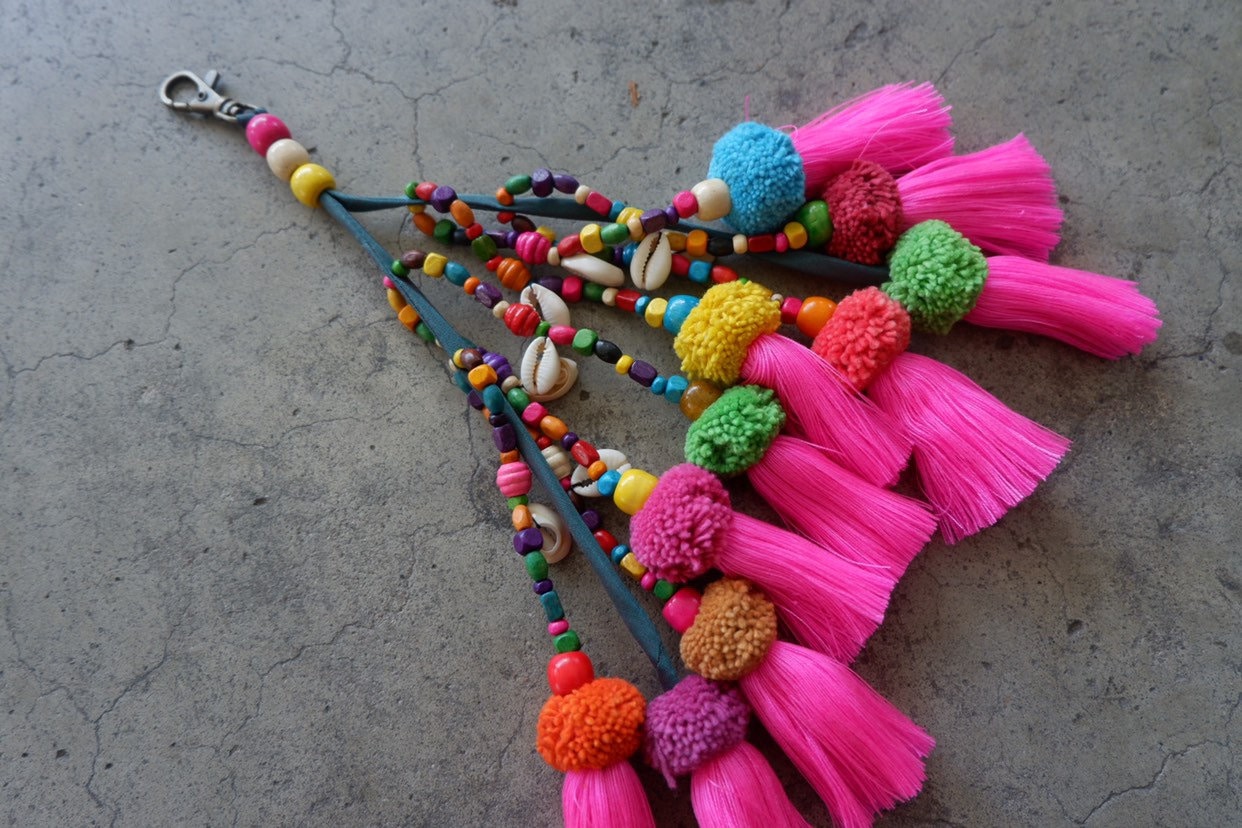 Hot Pink Tassel Keychain With Colourful Beads & Pompoms | Etsy