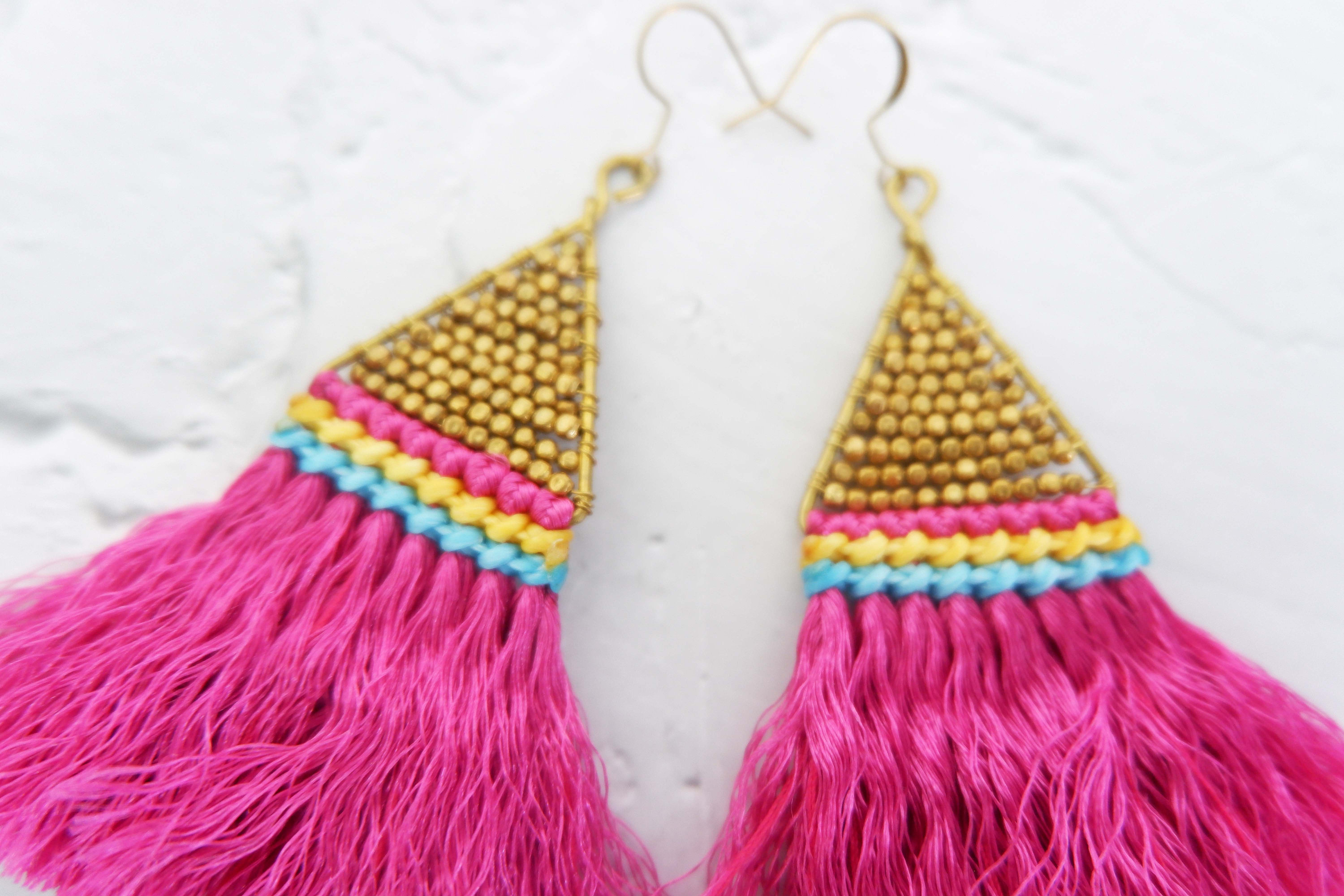 Triangle Gold Tassel Earrings With Wax Strings | Etsy