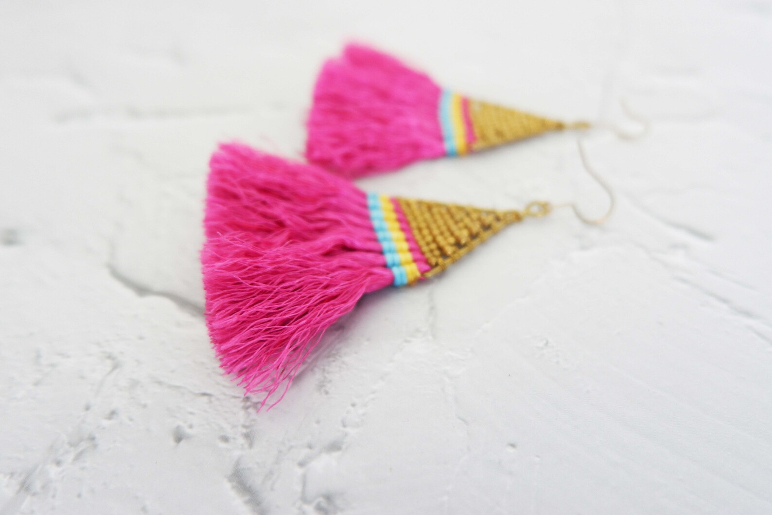 Triangle Gold Tassel Earrings With Wax Strings | Etsy