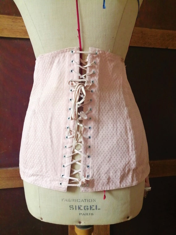 Antique French Laced Pink Boned Corset Damask Patter… Gem